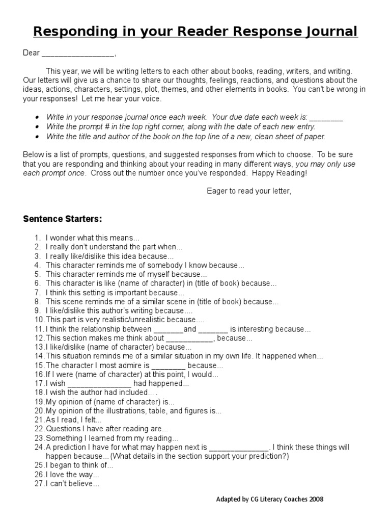 Reader Response Journal Guidelines | PDF | Narration | Books