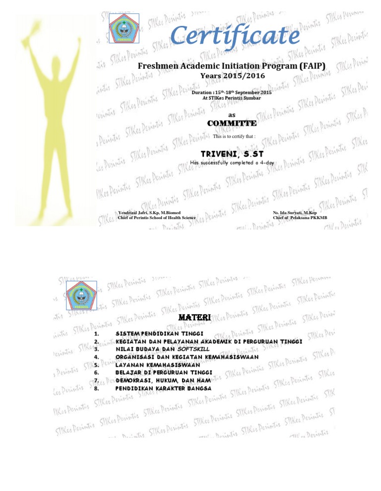 Certificate: Freshmen Academic Initiation Program (FAIP) | PDF