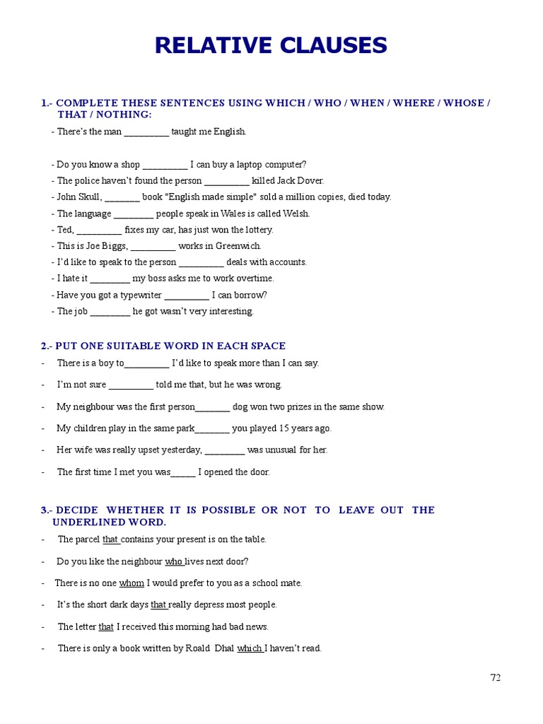 Relative Clauses: 1.-Complete These Sentences Using Which / Who / When ...