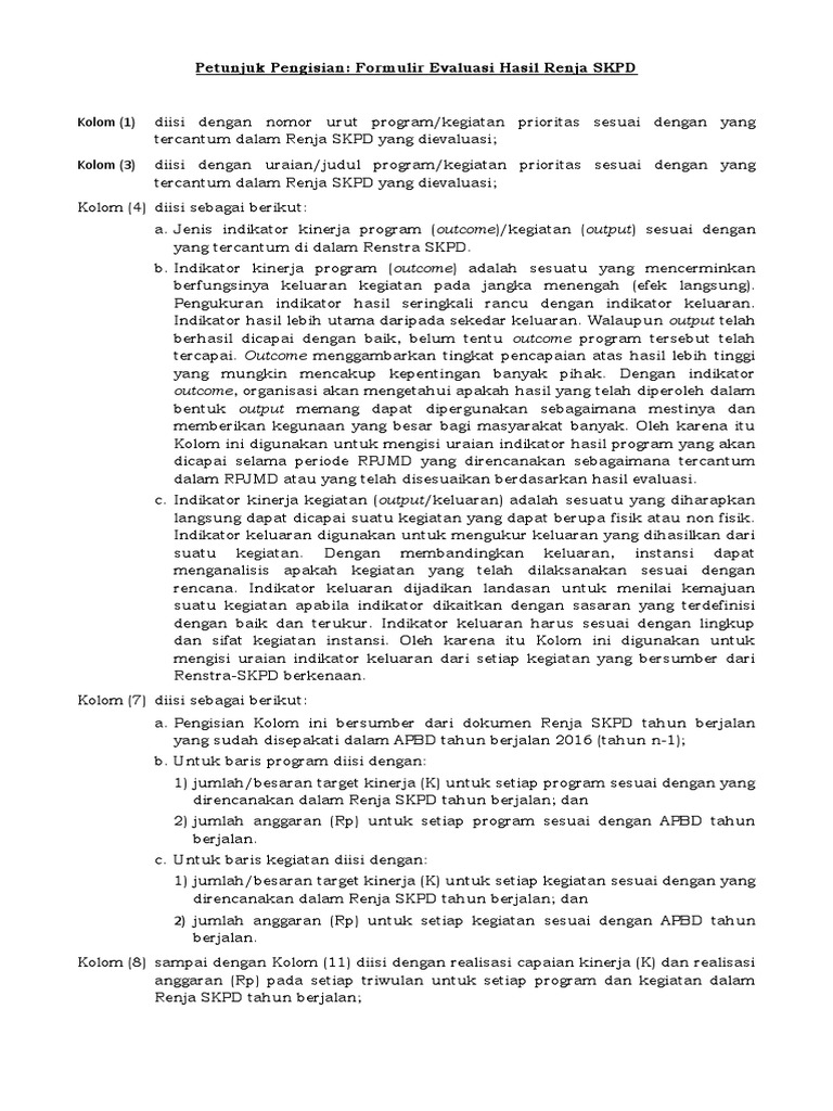 Petunjuk Pengisian Form Evaluasi Renja SKPD 2017 | PDF | Pengelolaan ...