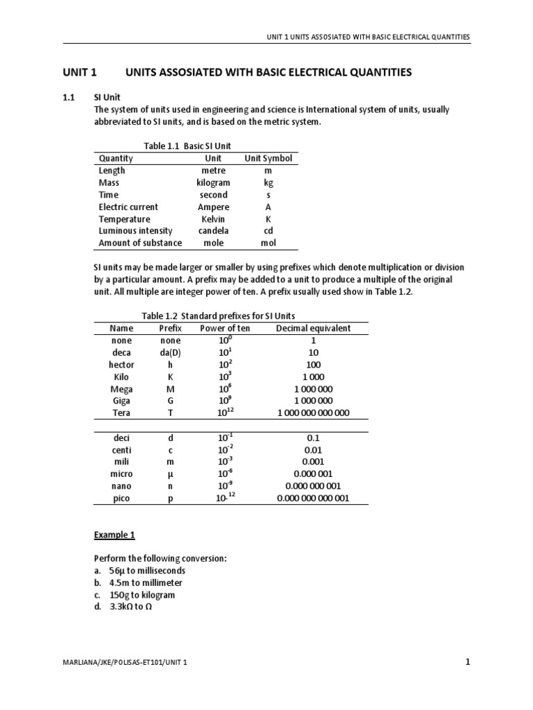 Units Associated With Basic Electrical Quantity | PDF | Electric ...