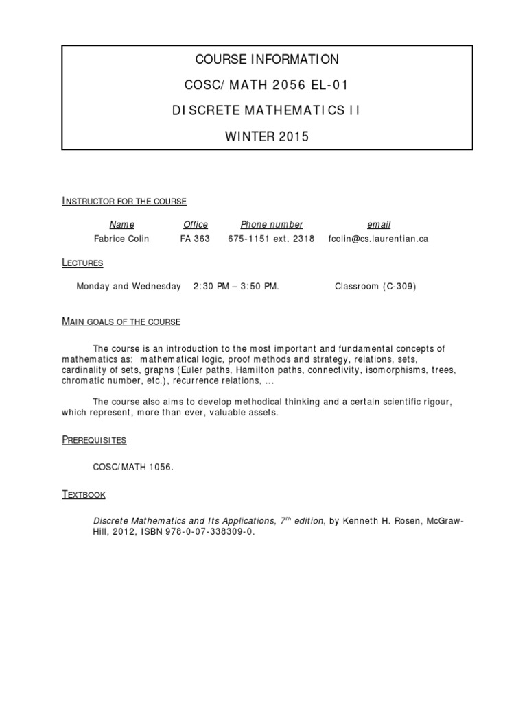 COSC/MATH 2056 EL-01 Discrete Mathematics Ii: Course Information | PDF | Tutor | Graph Theory