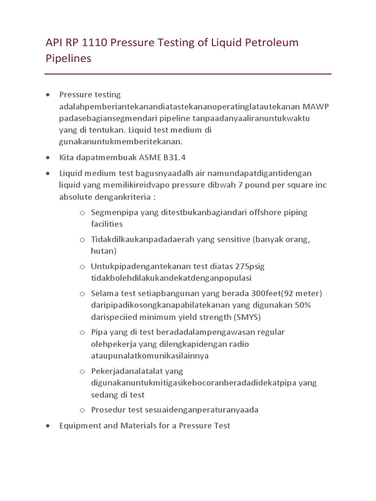 API RP 1110 Pressure Testing of Liquid Petroleum Pipelines | PDF