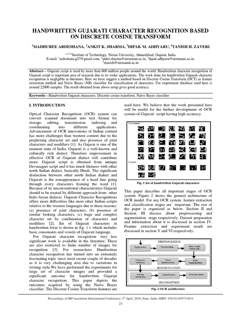 Handwritten Gujarati Character Recognition Based On Discrete Cosine Transform | PDF | Optical ...