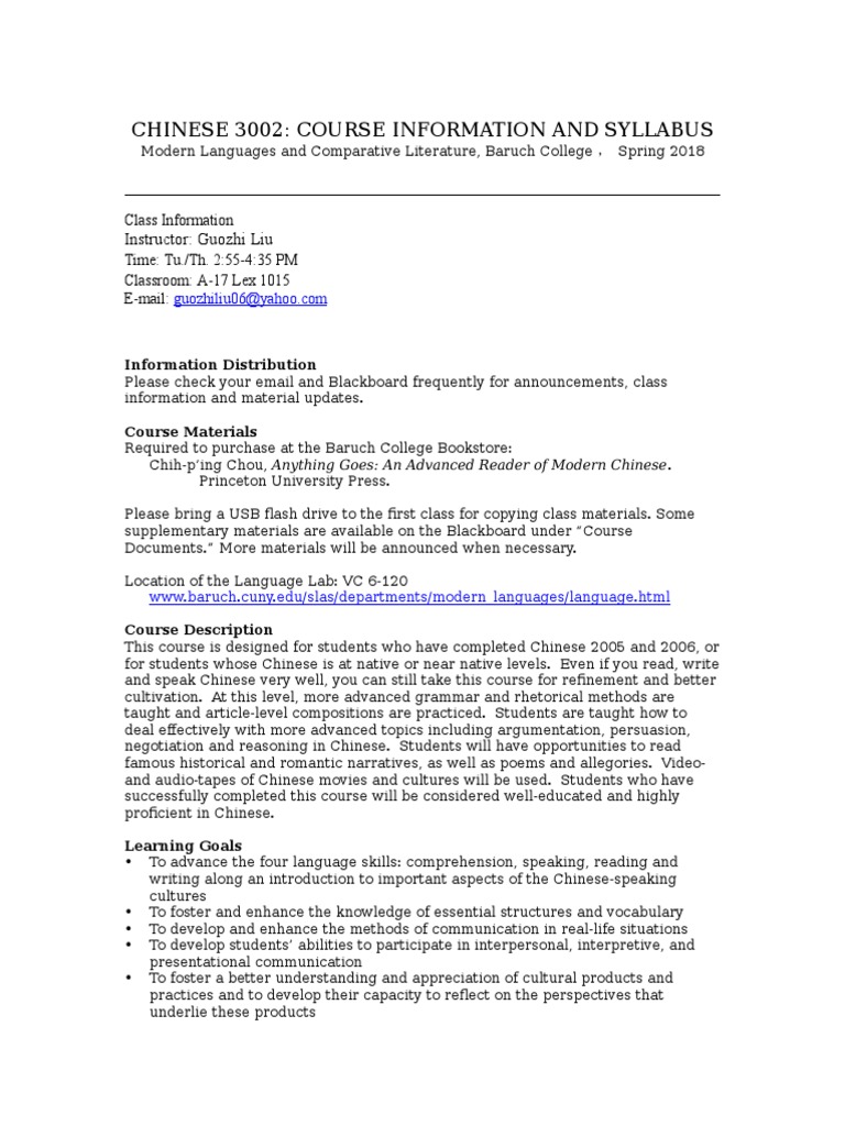 Chinese 3002: Course Information and Syllabus: Instructor: Guozhi Liu ...