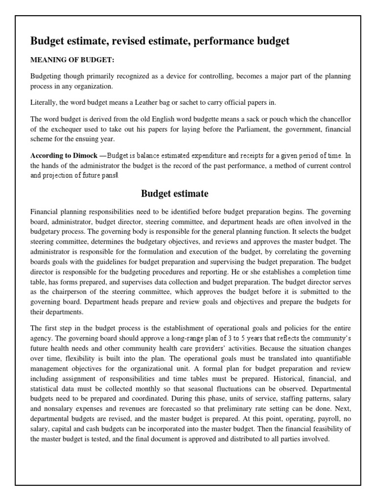Budget estimate, revised estimate, performance budget | Statistical ...