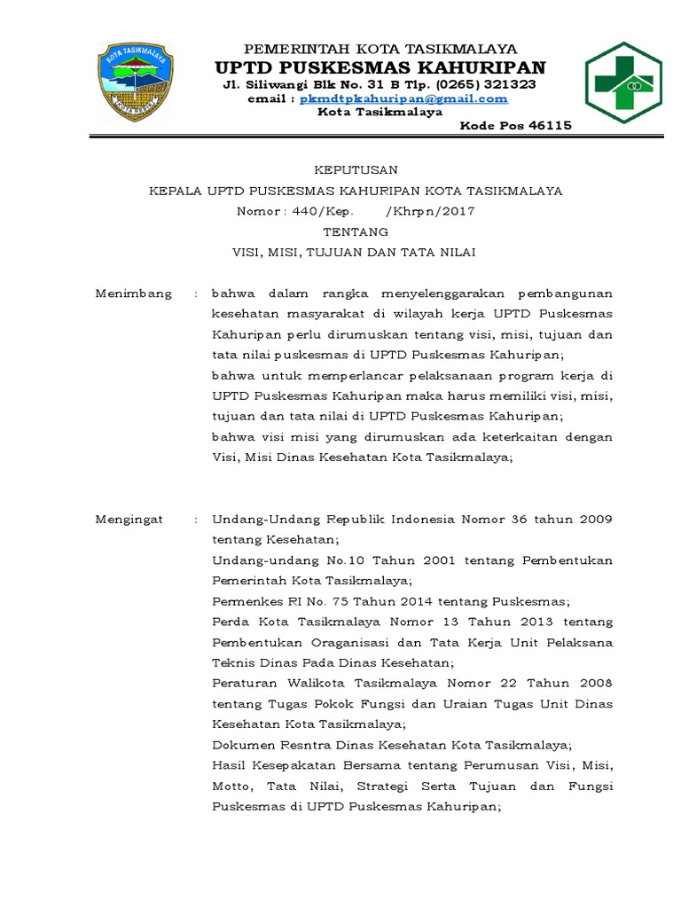 SK Visi, Misi, Tujuan, Fungsi Dan Tata Nilai | PDF