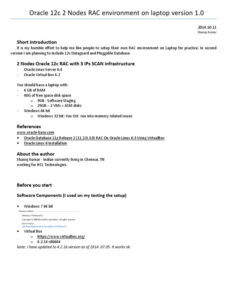 Oracle 12c 2 Nodes RAC Environment On Laptop Version 1.0: Short Introduction | PDF | Oracle ...