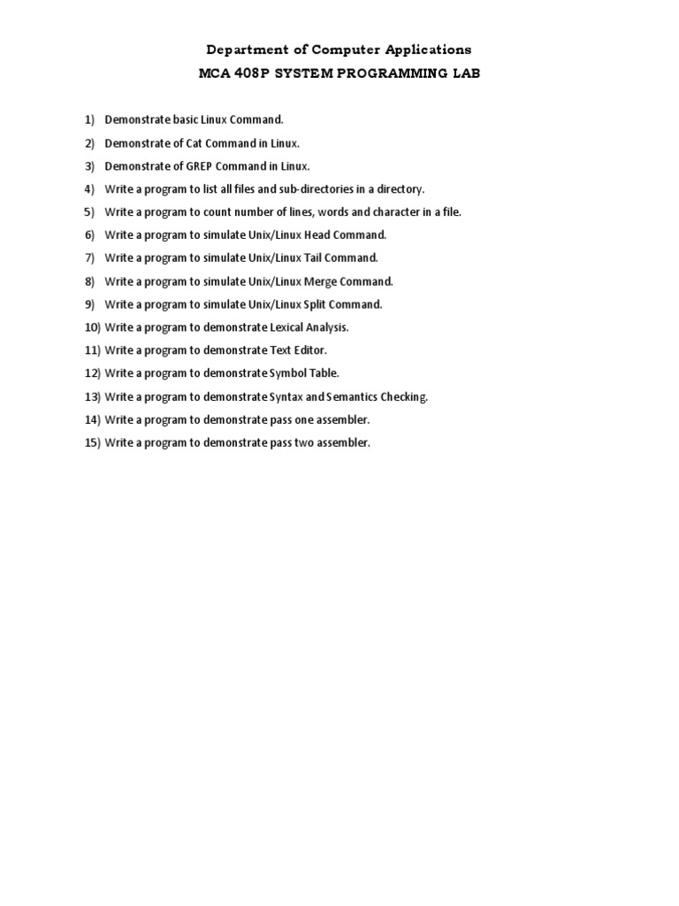 Department of Computer Applications Mca 408P System Programming Lab | PDF