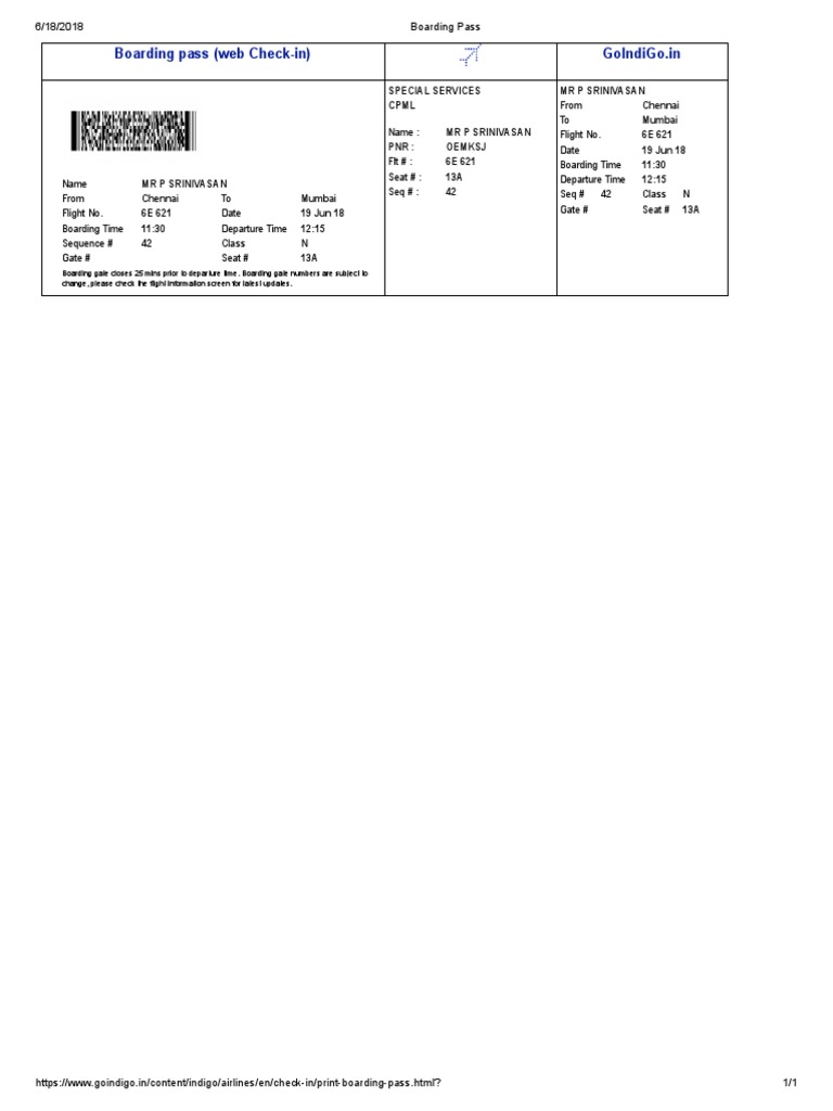 IndiGo Boarding Pass for Flight 6E 621 | PDF