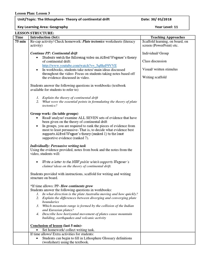 Lesson Plan Year 11 - Writing Task | PDF | Plate Tectonics | Geology