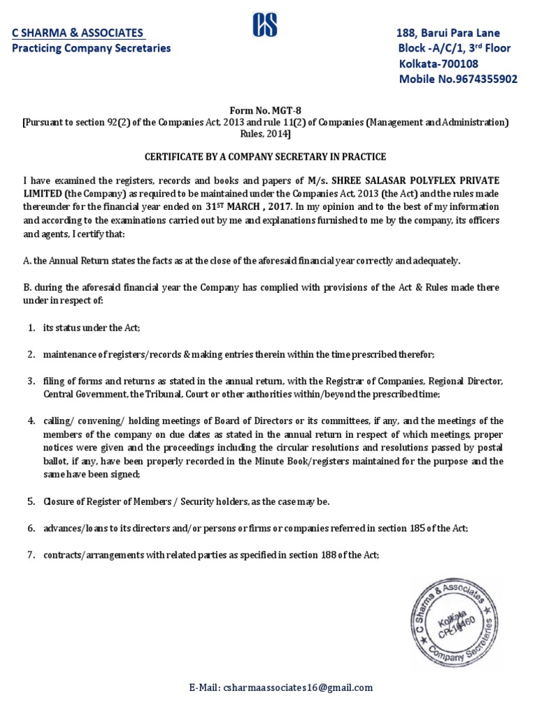 Form No. MGT-8 | PDF | Securities (Finance) | Board Of Directors