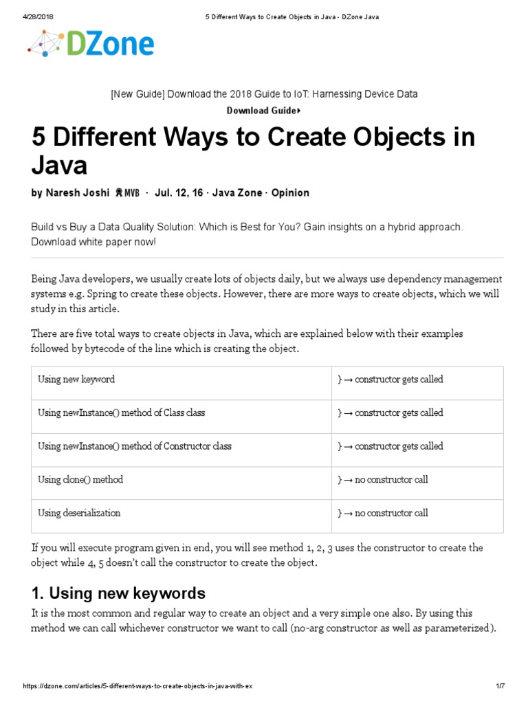 5 Different Ways To Create Objects In Java Dzone Java Pdf Constructor Object Oriented 7697