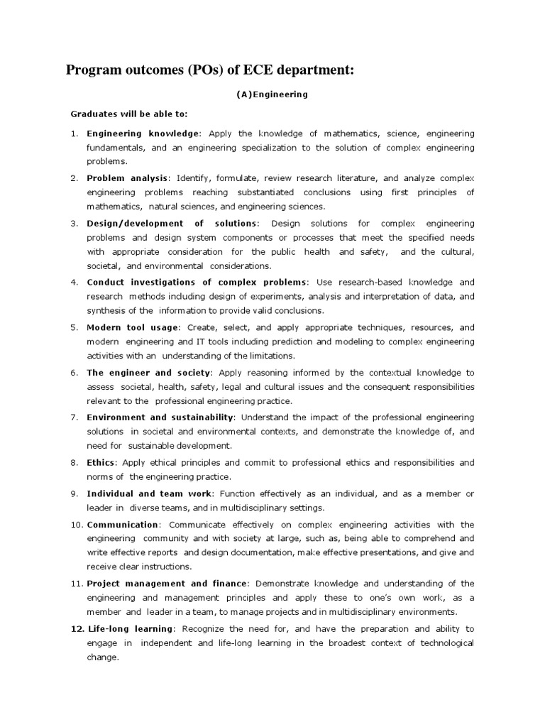 Program Outcomes (Pos) of Ece Department:: (A) Engineering Graduates ...