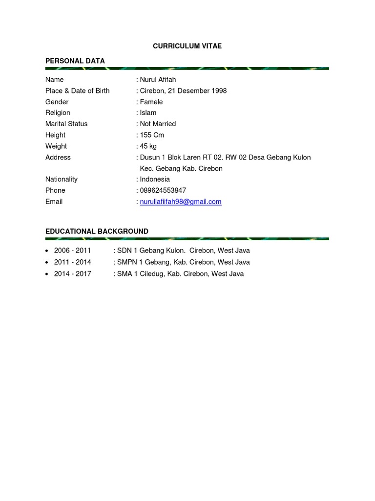 Curriculum Vitae Personal Data | PDF