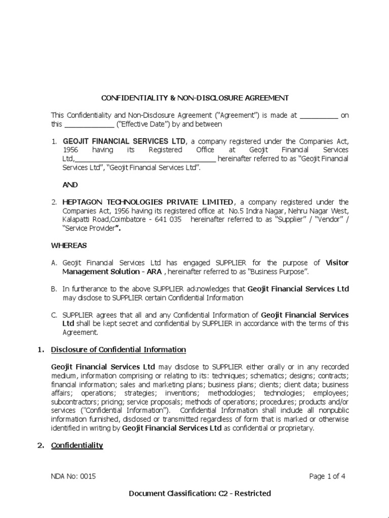 NDA Template - V1.0 | PDF | Confidentiality | Non Disclosure Agreement