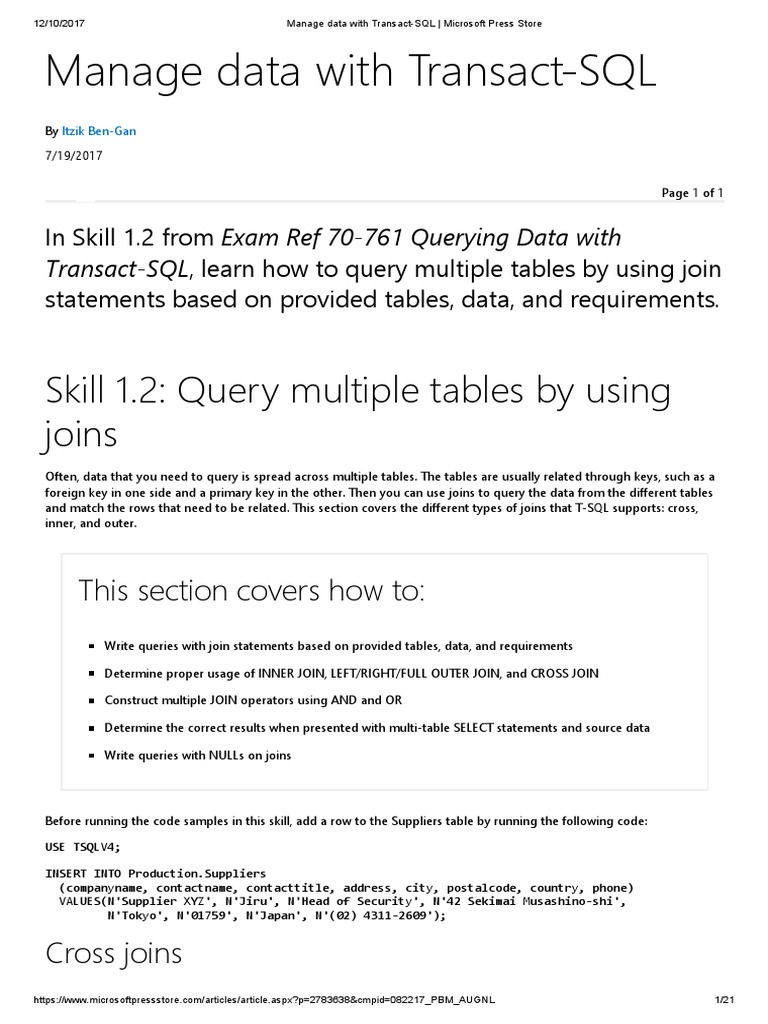 Manage Data With Transact-SQL: Skill 1.2: Query Multiple Tables by ...