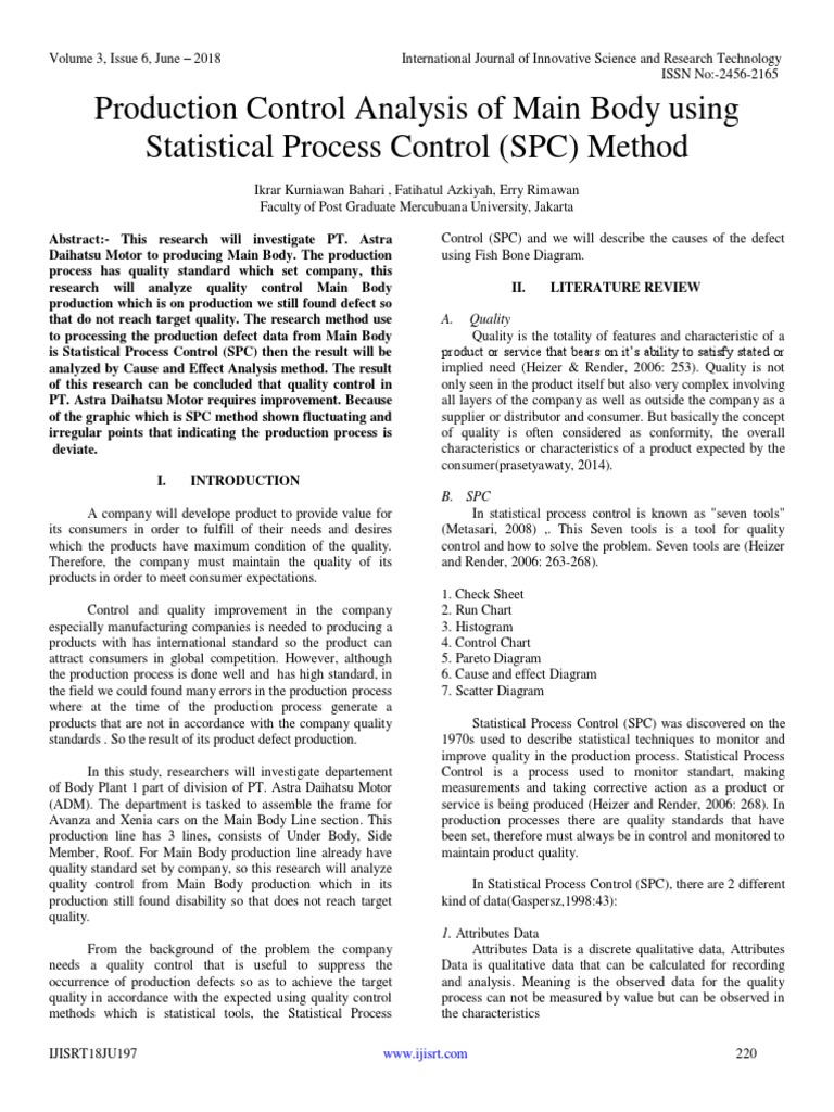 Production Control Analysis of Main Body Using Statistical Process ...