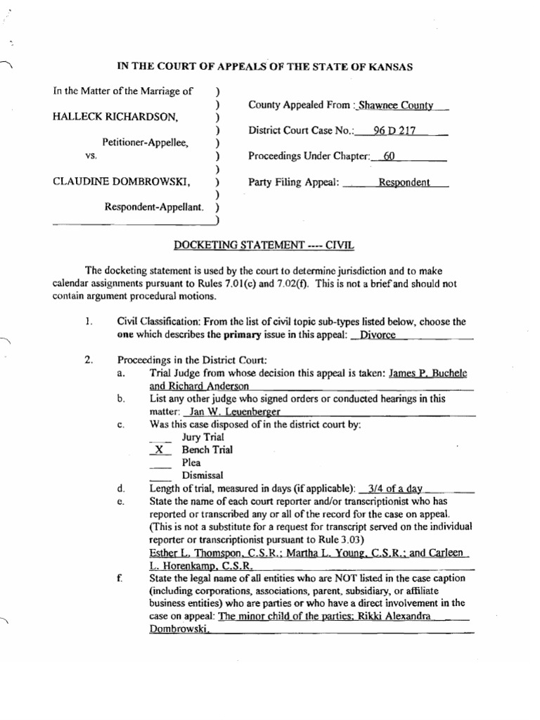 1999 - 9-20-1999 Kansas Court of Appeals Docketing Statemet Dombrowski ...