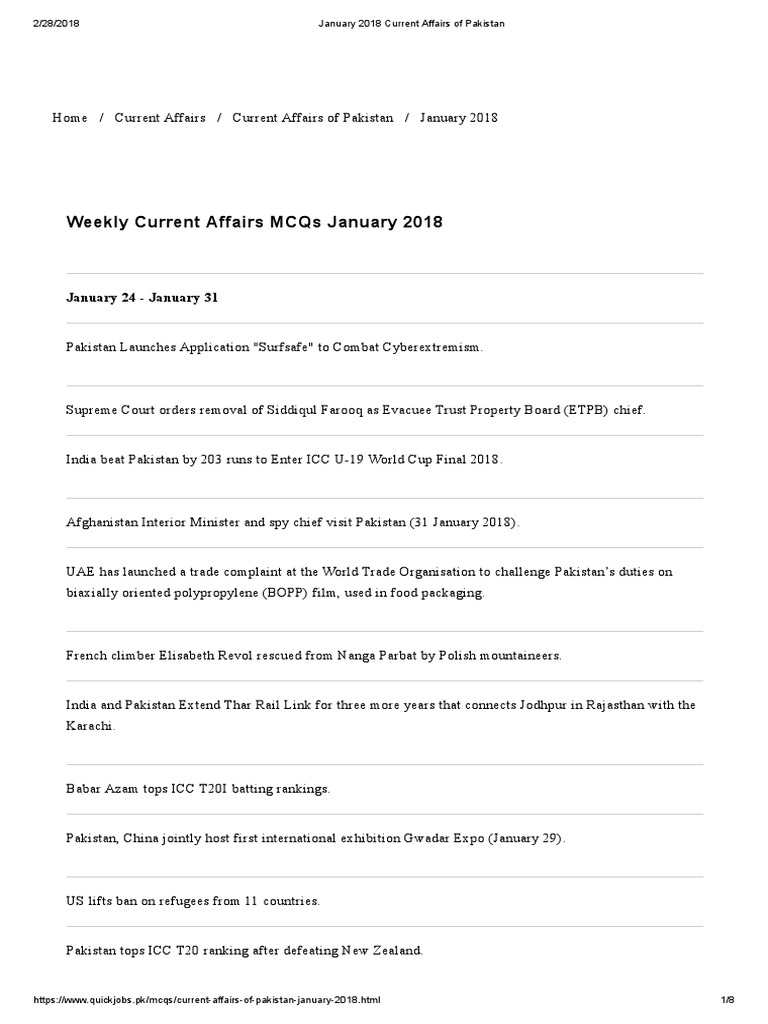 January 2018 Current Affairs of Pakistan | PDF | World Economic Forum