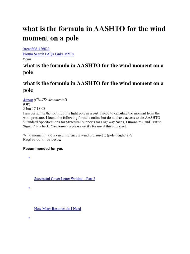 What Is The Formula in AASHTO For The Wind Moment On A Pole | PDF