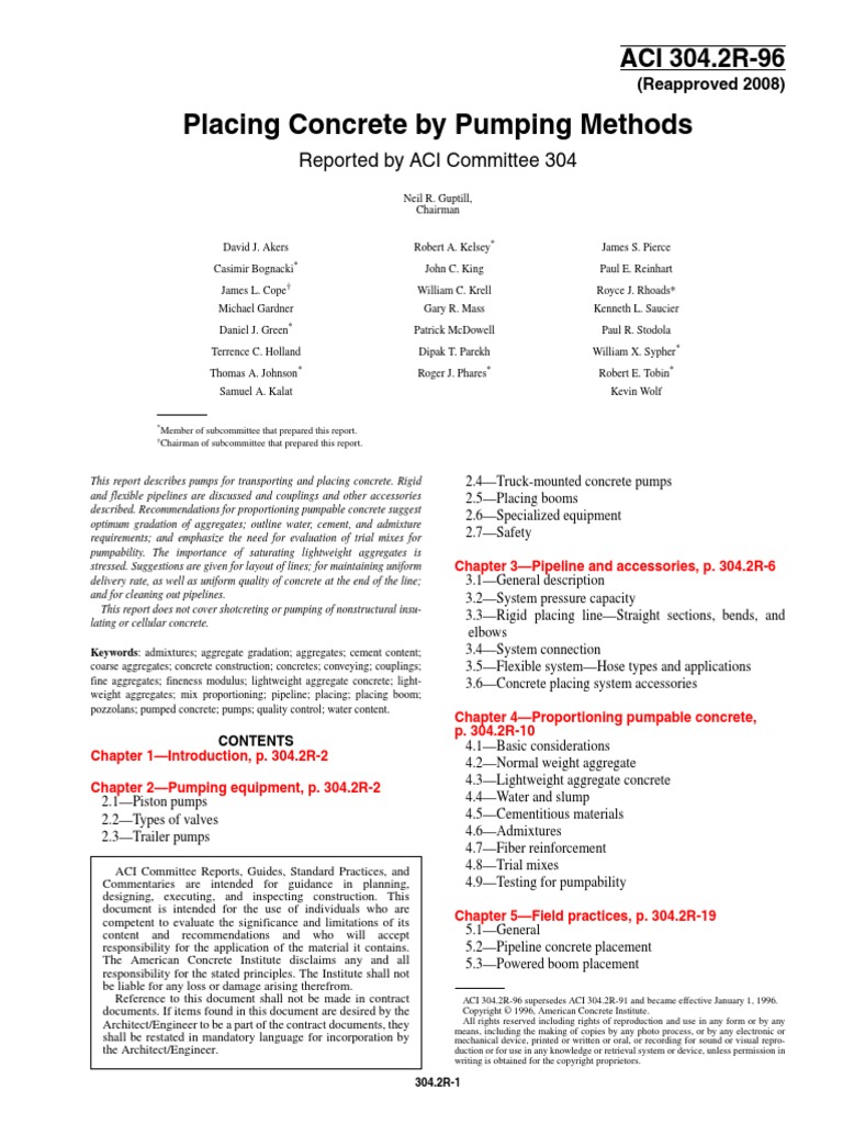 Placing Concrete by Pumping Methods: ACI 304.2R-96 | PDF | Pump | Valve