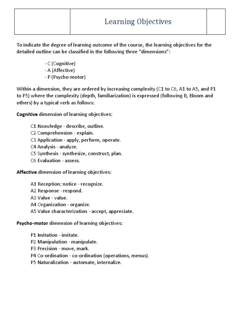 Cognitive Dimension of Learning Objectives | PDF