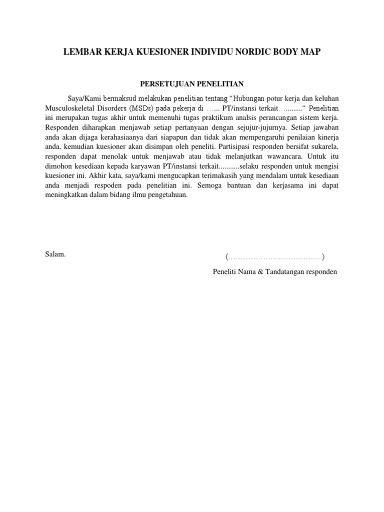 Lembar Kerja Kuesioner Individu Nordic Body Map | PDF