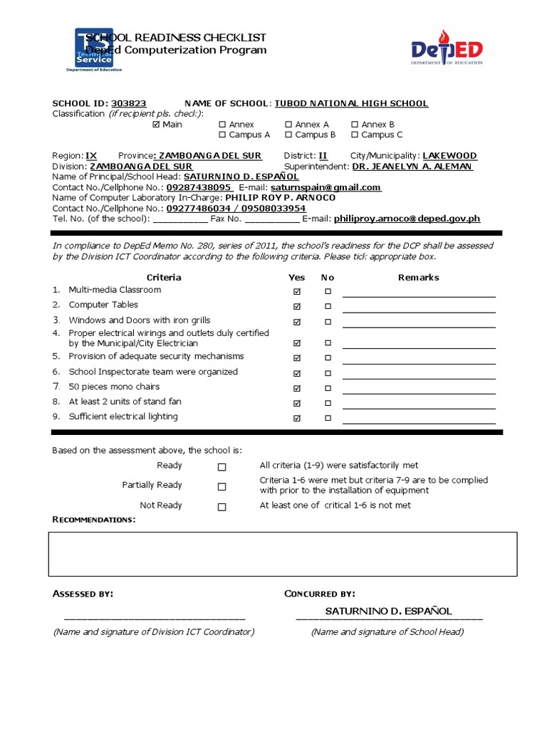 School Readiness Checklist for DCP | PDF | Electrical Engineering ...