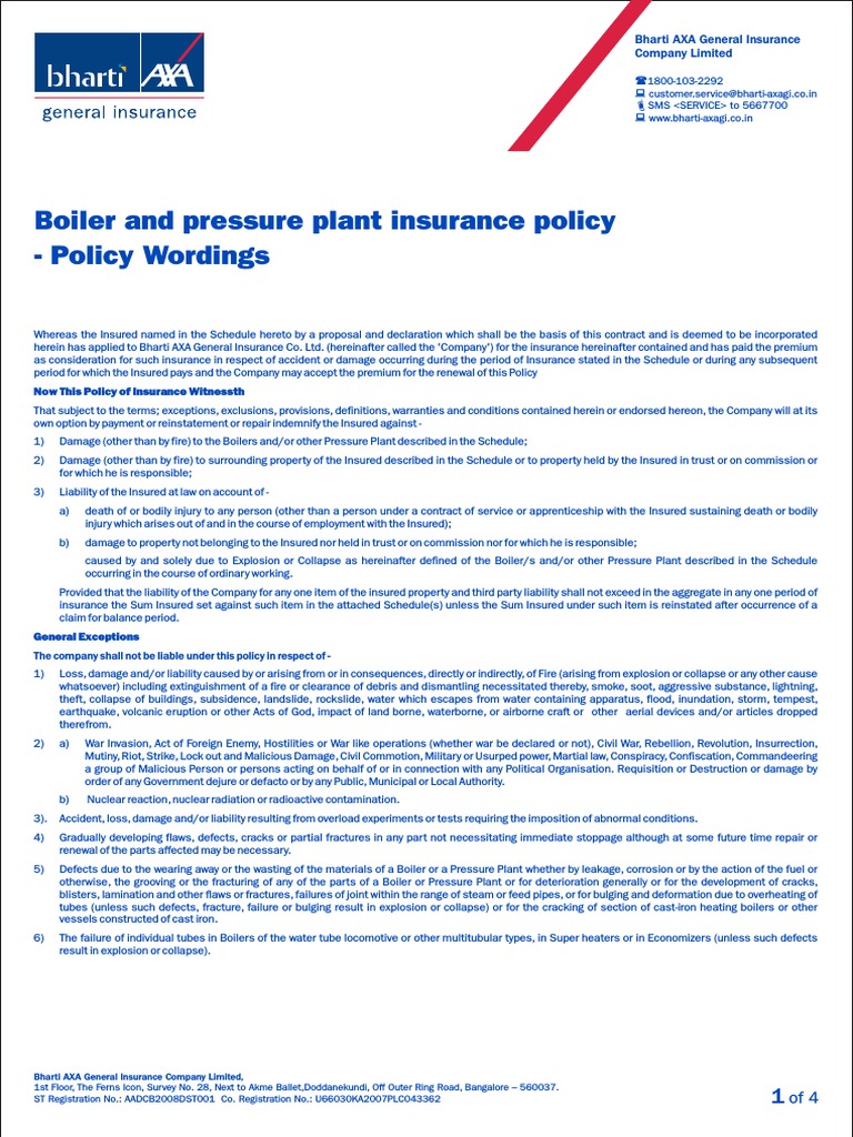 Boiler and Pressure Plant Insurance - Policy Wordings | PDF | Indemnity ...