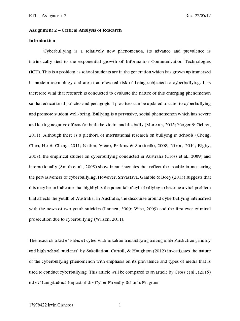 RTL 17976422 Irvin Cisneros Assignment 2 | PDF | Cyberbullying | Psychology