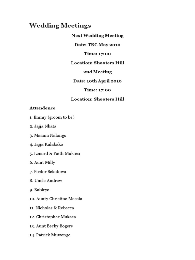 Wedding Meetings Sample | PDF | Rites Of Passage | Wedding