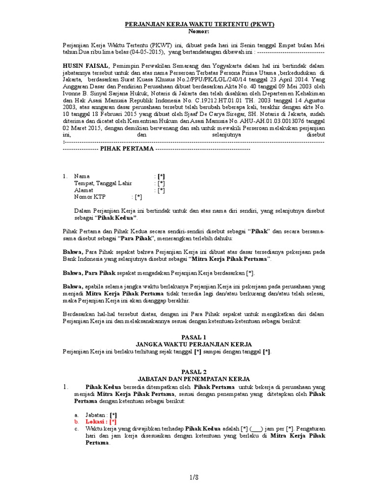 Draft Template PKWT Outsourcing BI PA29042015 NETT | PDF