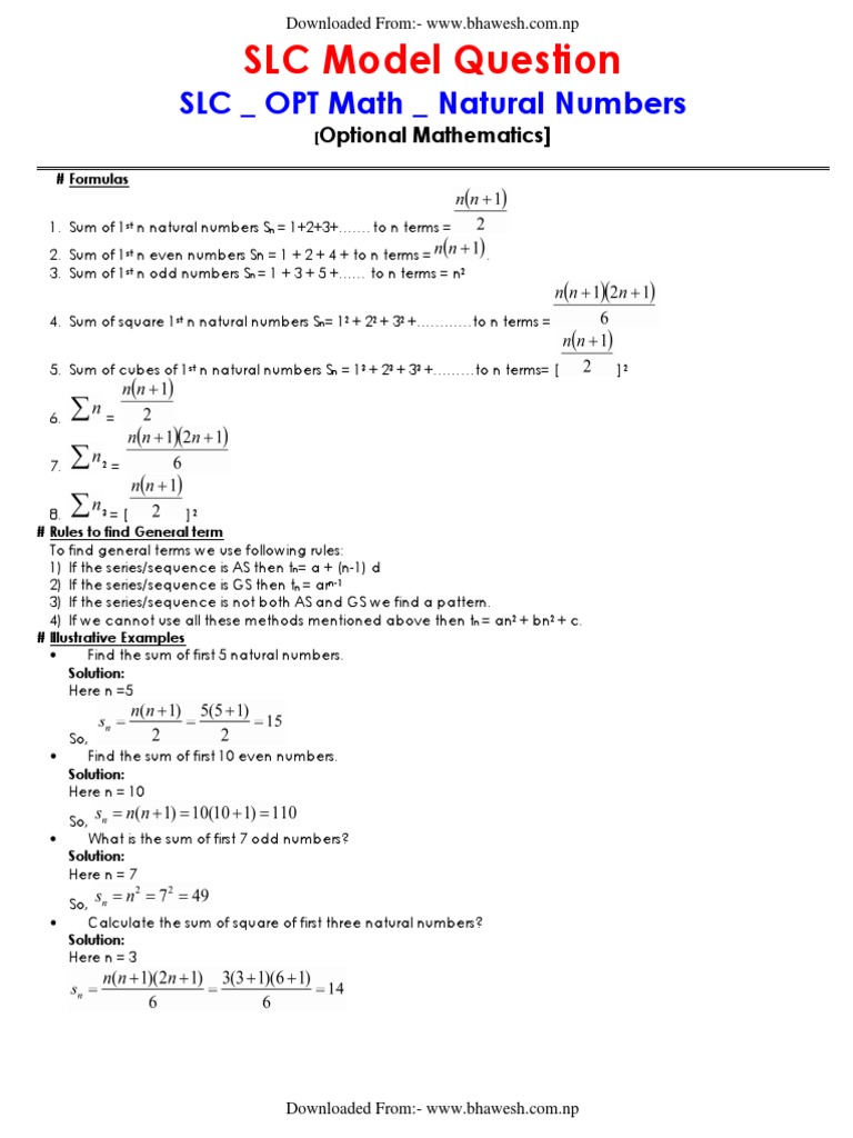 SLC Math: Natural Numbers Formulas | PDF | Summation | Teaching Mathematics