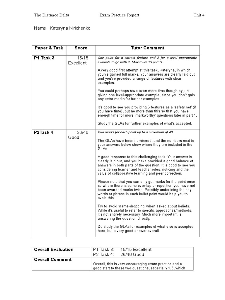 Paper & Task Score Tutor Comment P1 Task 3: The Distance Delta Exam ...