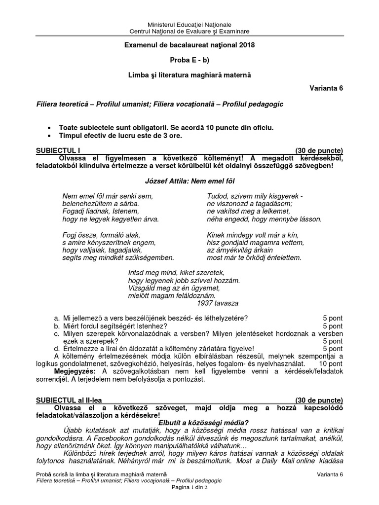 Limba Maghiara Materna Uman Subiecte | PDF