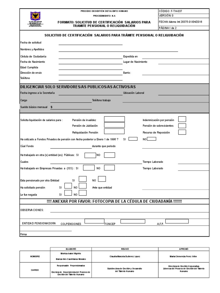 Formato Solicitud de Certificacion Salarios para Tramite Pensional o Reliquidacion | PDF ...