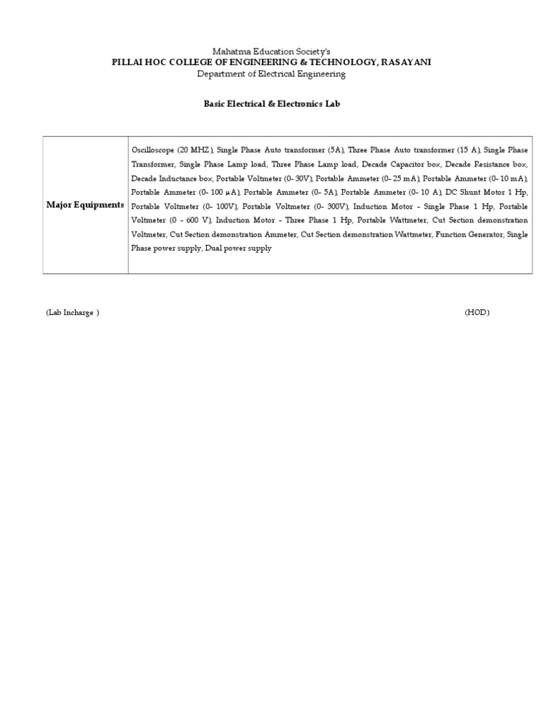 First-Year Electrical Lab Equipment List | PDF