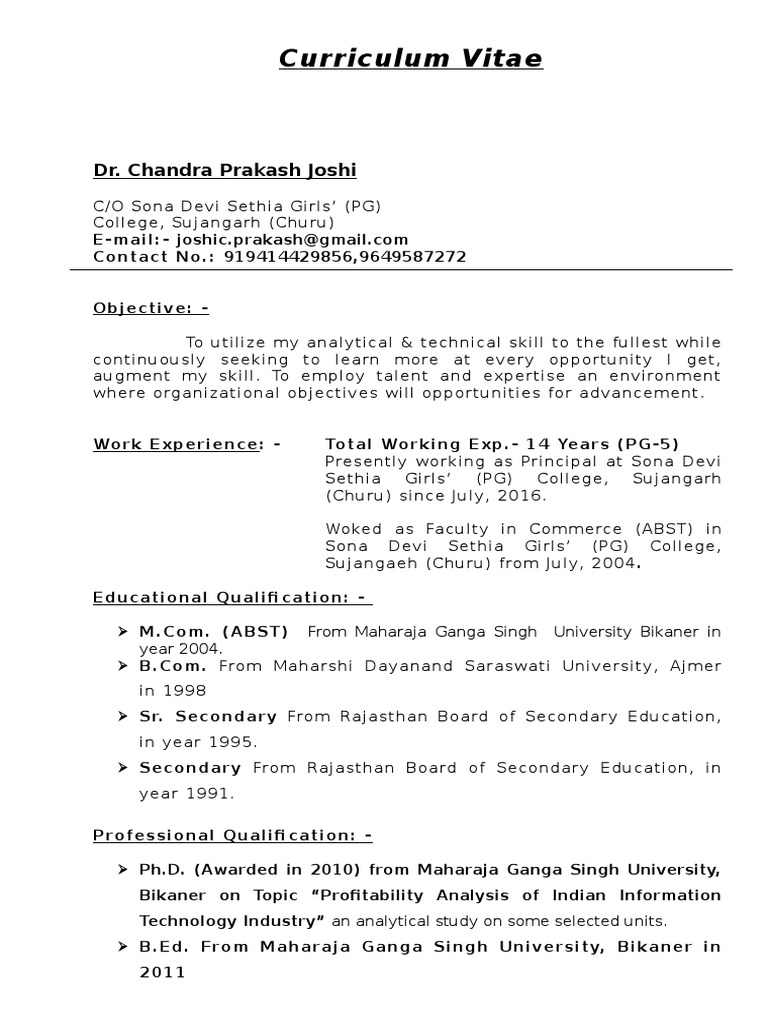 Curriculum Vitae: Dr. Chandra Prakash Joshi | PDF | Communication | Taxes