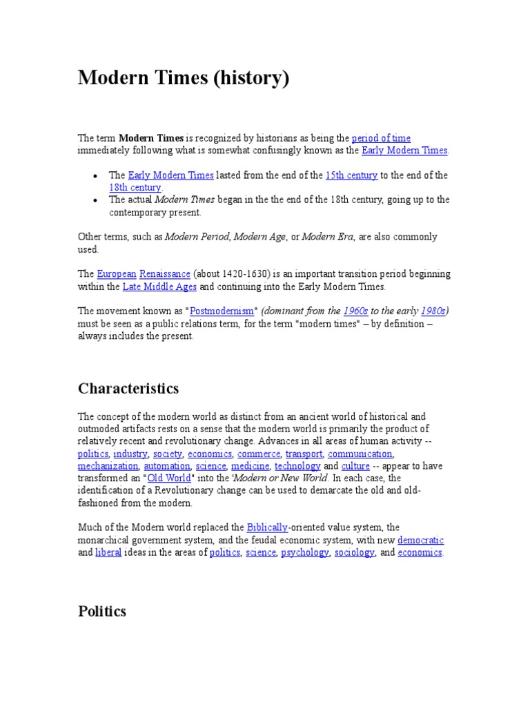 Modern Times (History) : Characteristics | PDF | Modern History ...