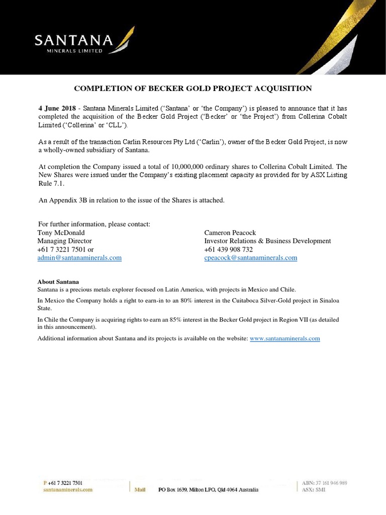 Santana Minerals News Release 4 June 2018 | PDF | Securities (Finance ...