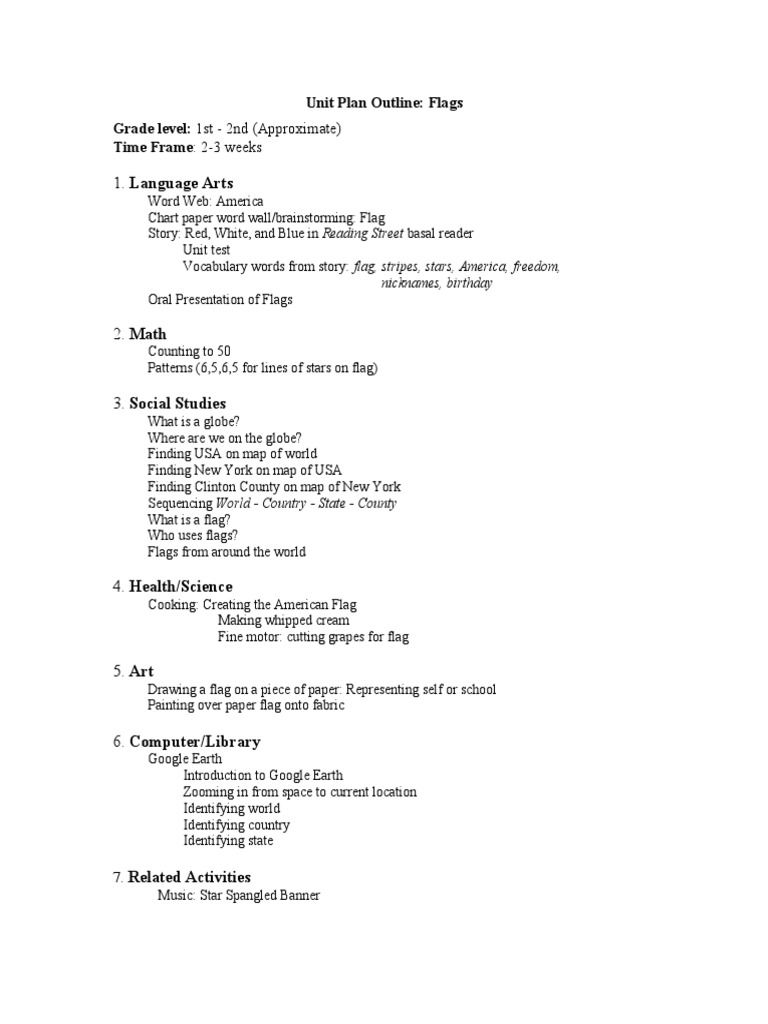 Language Arts: Unit Plan Outline: Flags Grade Level: 1st - 2nd ...