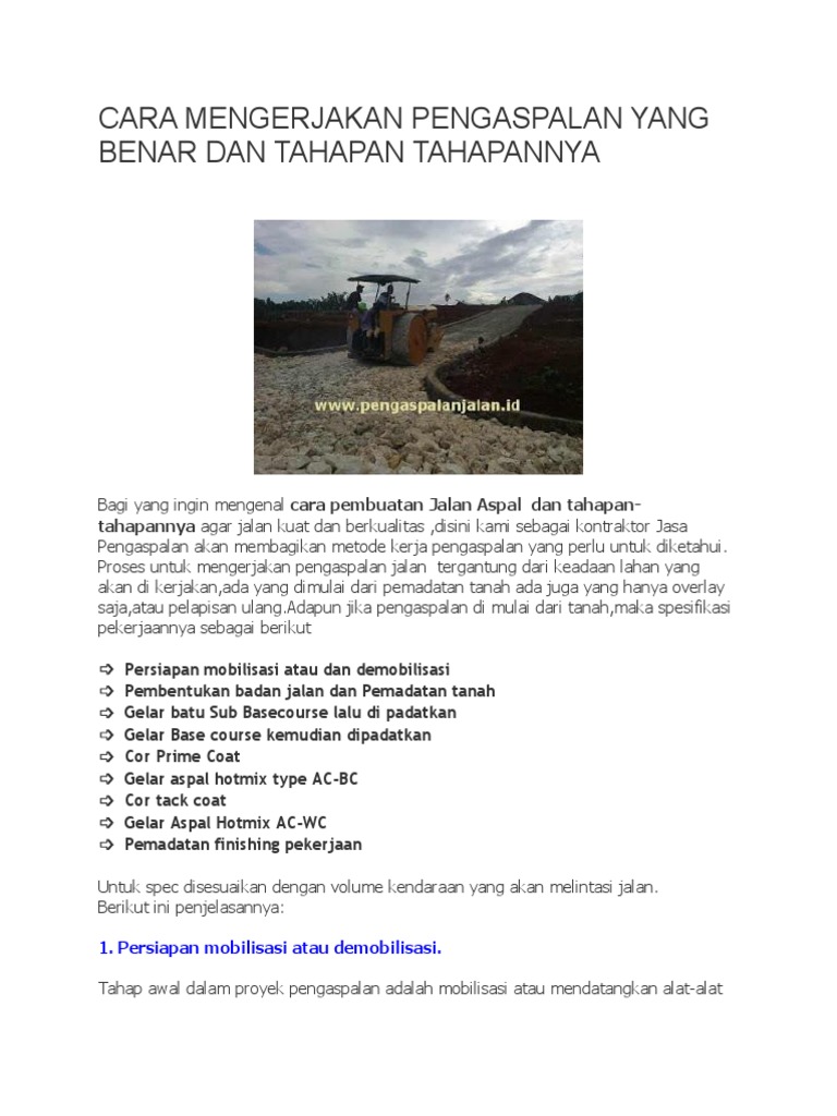 Cara Mengerjakan Pengaspalan Yang Benar Dan Tahapan Tahapannya | PDF