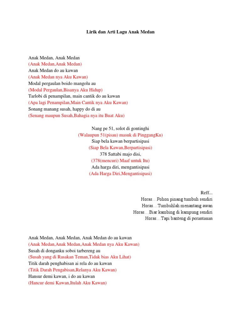 Lirik Dan Arti Lagu Anak Medan | PDF