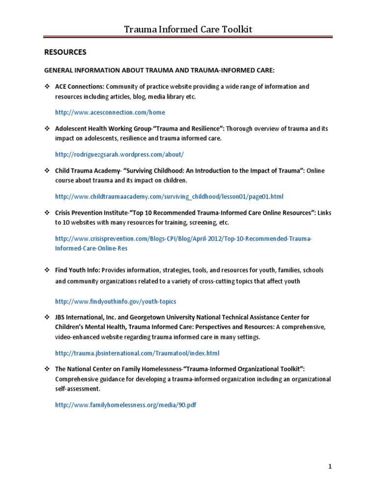 Trauma Informed Care Toolkit: Resources | PDF | Psychological Trauma ...
