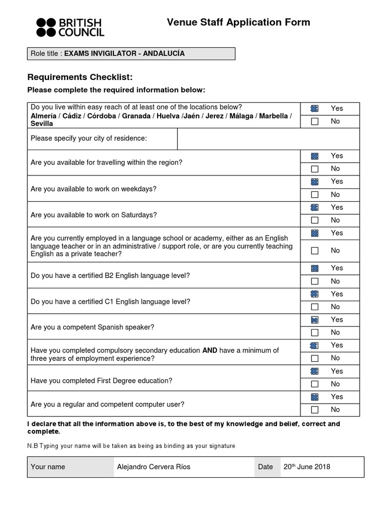 Andalucia - Invigilator Application Form | PDF | Disability ...