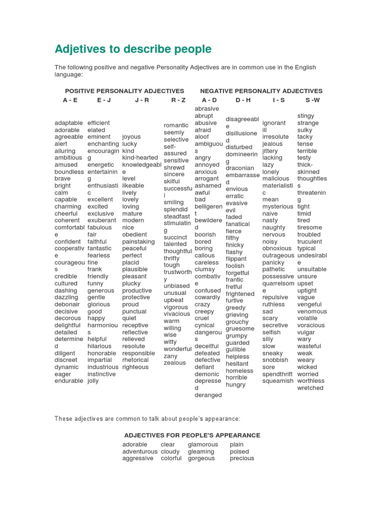 Adjetives To Describe People: Negative Personality Adjectives A - E E ...