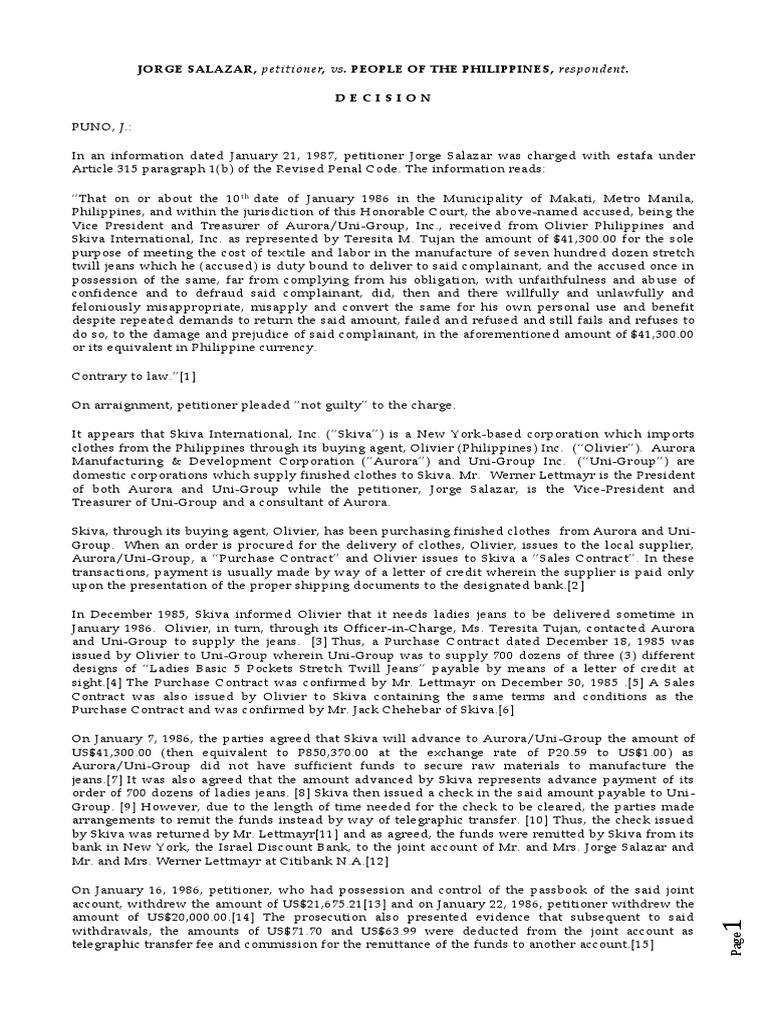Estafa Case Against Jorge Salazar | PDF | Fraud | Complaint