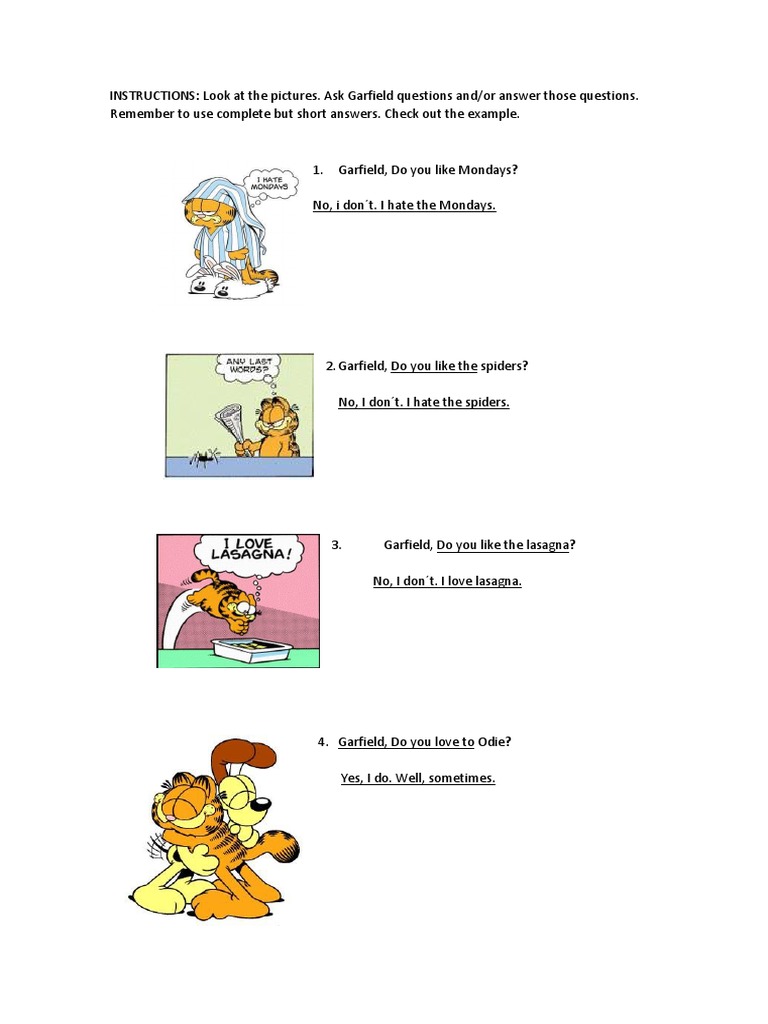 Garfield Question and Answer Worksheet | PDF | Language Arts & Discipline