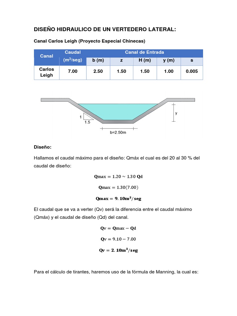Diseño Hidraulico de Un Vertedero Lateral | PDF | Enseñanza de matemática